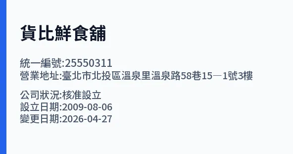 貨比鮮食舖的照片-統編 25550311(臺北市) 公司登記資料與營業項目詳細圖表