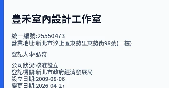 豊禾室內設計工作室的照片-統編 25550473(新北市) 公司登記資料與營業項目詳細圖表