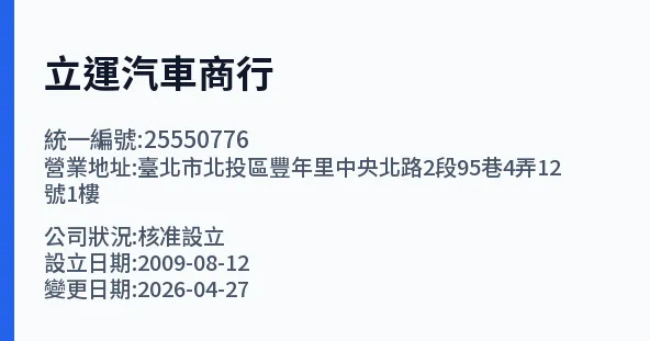 立運汽車商行的照片-統編 25550776(臺北市) 公司登記資料與營業項目詳細圖表