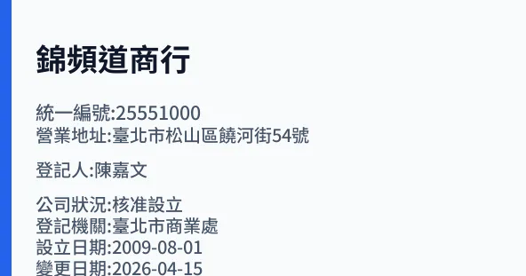 錦頻道商行的照片-統編 25551000(臺北市) 公司登記資料與營業項目詳細圖表