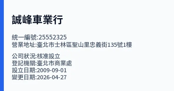 誠峰車業行的照片-統編 25552325(臺北市) 公司登記資料與營業項目詳細圖表