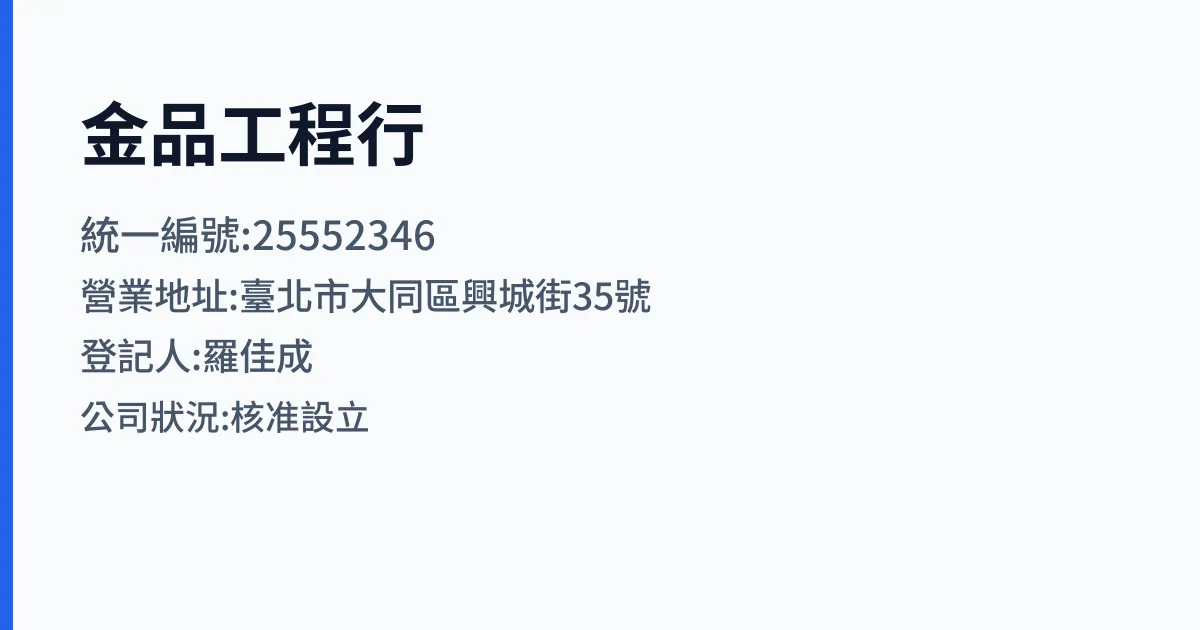 金品工程行 - 統編 25552346（臺北市） 公司登記資料與營業項目詳細圖表