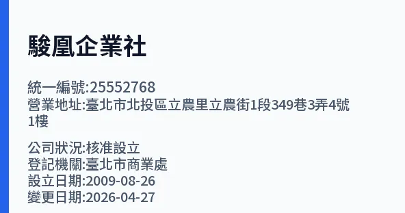 駿凰企業社的照片-統編 25552768(臺北市) 公司登記資料與營業項目詳細圖表