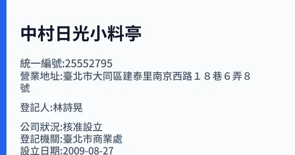 中村日光小料亭的照片-統編 25552795(臺北市) 公司登記資料與營業項目詳細圖表