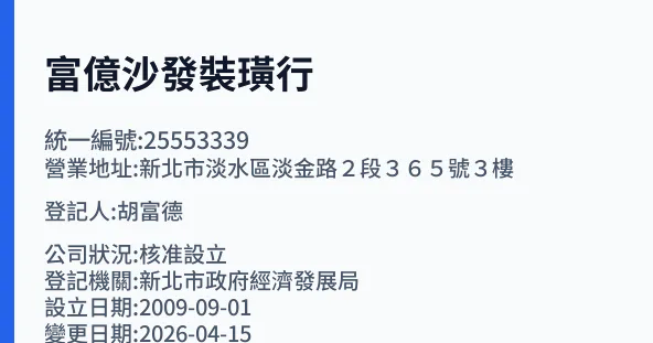 富億沙發裝璜行的照片-統編 25553339(新北市) 公司登記資料與營業項目詳細圖表