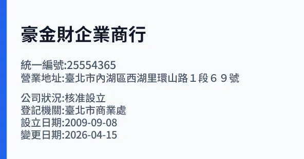 豪金財企業商行的照片-統編 25554365(臺北市) 公司登記資料與營業項目詳細圖表