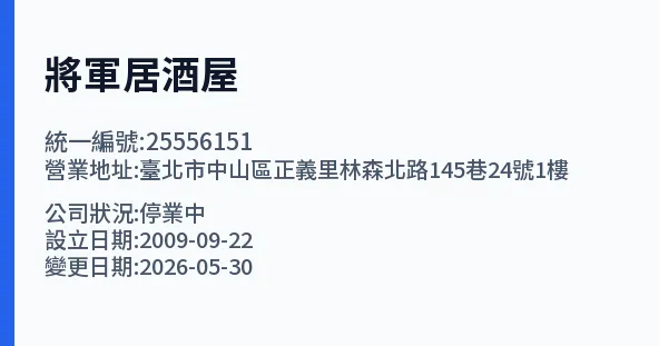 將軍居酒屋的照片-統編 25556151(臺北市) 公司登記資料與營業項目詳細圖表