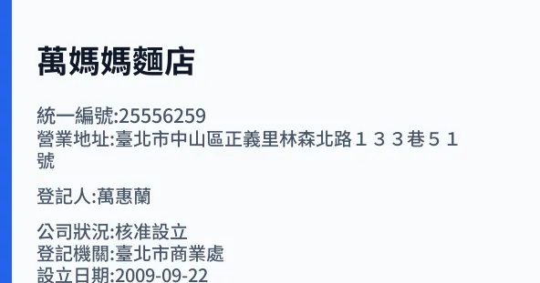 萬媽媽麵店的照片-統編 25556259(臺北市) 公司登記資料與營業項目詳細圖表