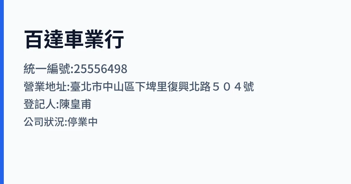 百達車業行 - 統編 25556498(臺北市) 公司登記資料與營業項目詳細圖表
