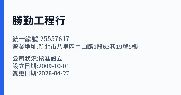 勝勤工程行的照片-統編 25557617(新北市) 公司登記資料與營業項目詳細圖表