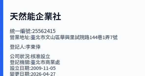 天然能企業社的照片-統編 25562415(臺北市) 公司登記資料與營業項目詳細圖表