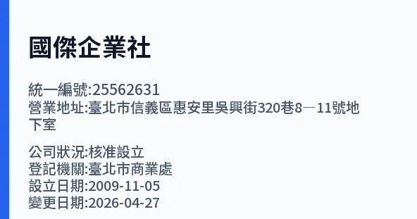 國傑企業社的照片-統編 25562631(臺北市) 公司登記資料與營業項目詳細圖表