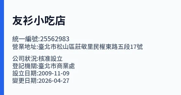 友衫小吃店的照片-統編 25562983(臺北市) 公司登記資料與營業項目詳細圖表