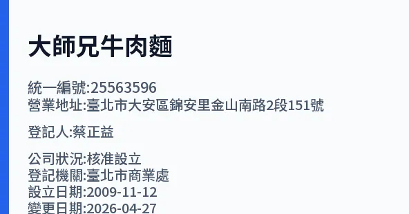 大師兄牛肉麵的照片-統編 25563596(臺北市) 公司登記資料與營業項目詳細圖表