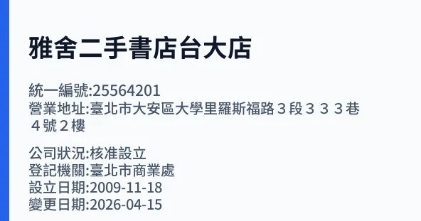 雅舍二手書店台大店的照片-統編 25564201(臺北市) 公司登記資料與營業項目詳細圖表