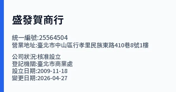 盛發賀商行的照片-統編 25564504(臺北市) 公司登記資料與營業項目詳細圖表