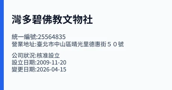 灣多碧佛教文物社的照片-統編 25564835(臺北市) 公司登記資料與營業項目詳細圖表