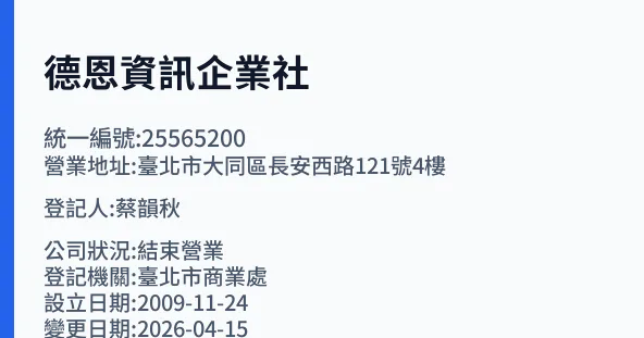德恩資訊企業社的照片-統編 25565200(臺北市) 公司登記資料與營業項目詳細圖表