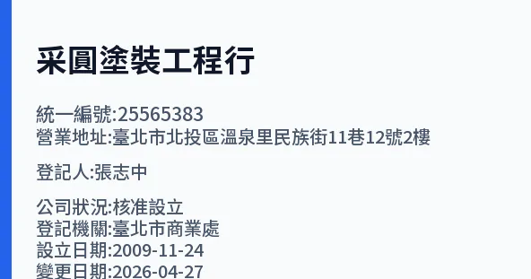 采圓塗裝工程行的照片-統編 25565383(臺北市) 公司登記資料與營業項目詳細圖表