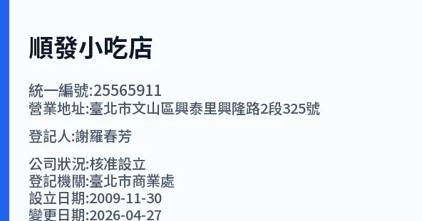 順發小吃店的照片-統編 25565911(臺北市) 公司登記資料與營業項目詳細圖表