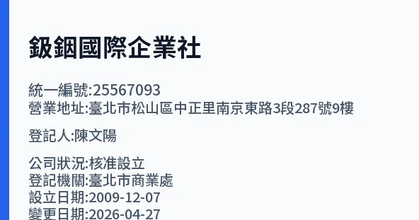 鈒銦國際企業社的照片-統編 25567093(臺北市) 公司登記資料與營業項目詳細圖表