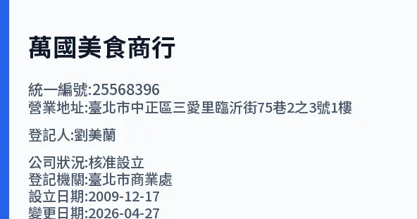 萬國美食商行的照片-統編 25568396(臺北市) 公司登記資料與營業項目詳細圖表