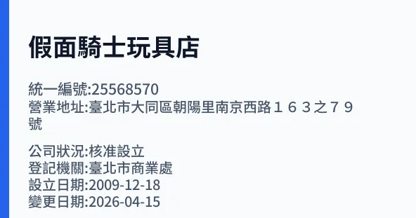 假面騎士玩具店的照片-統編 25568570(臺北市) 公司登記資料與營業項目詳細圖表