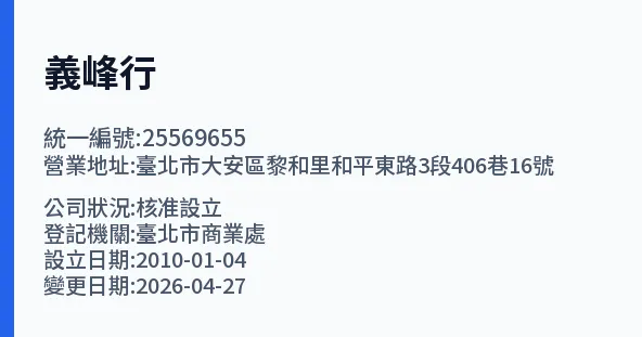 義峰行的照片-統編 25569655(臺北市) 公司登記資料與營業項目詳細圖表