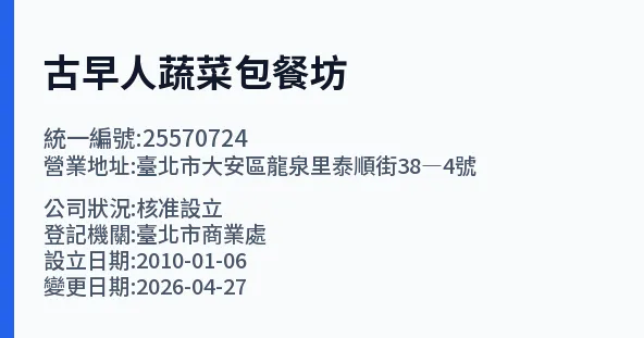 古早人蔬菜包餐坊的照片-統編 25570724(臺北市) 公司登記資料與營業項目詳細圖表