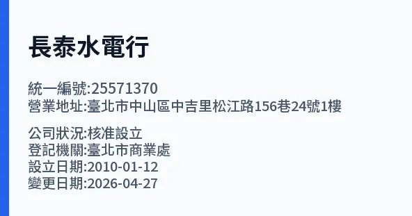 長泰水電行的照片-統編 25571370(臺北市) 公司登記資料與營業項目詳細圖表