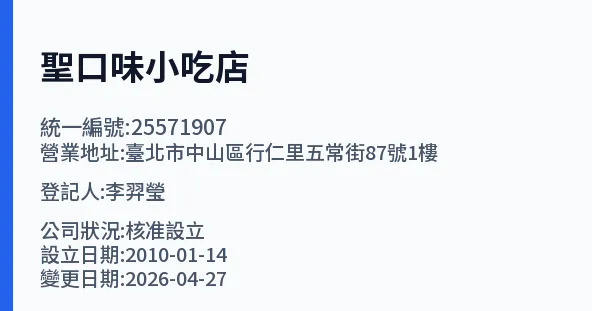 聖口味小吃店的照片-統編 25571907(臺北市) 公司登記資料與營業項目詳細圖表