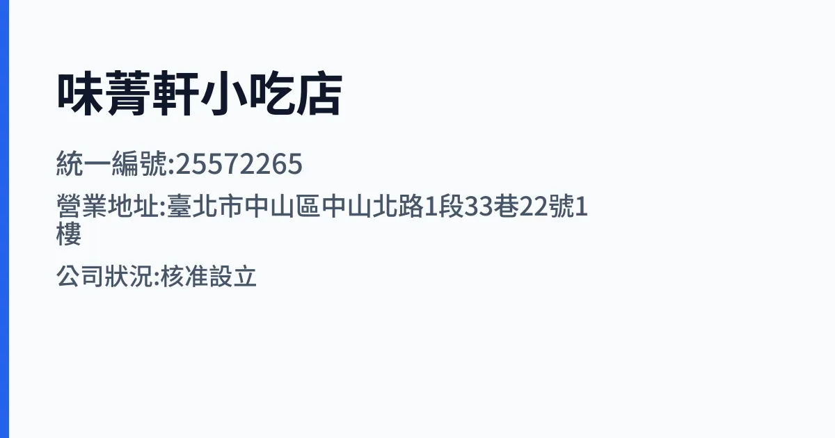 味菁軒小吃店 - 統編 25572265(臺北市) 公司登記資料與營業項目詳細圖表