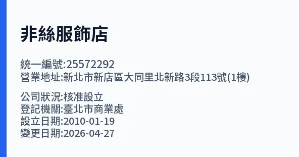 非絲服飾店的照片-統編 25572292(新北市) 公司登記資料與營業項目詳細圖表