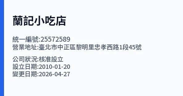 蘭記小吃店的照片-統編 25572589(臺北市) 公司登記資料與營業項目詳細圖表
