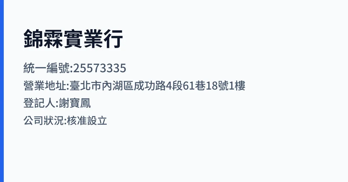 錦霖實業行 - 統編 25573335(臺北市) 公司登記資料與營業項目詳細圖表