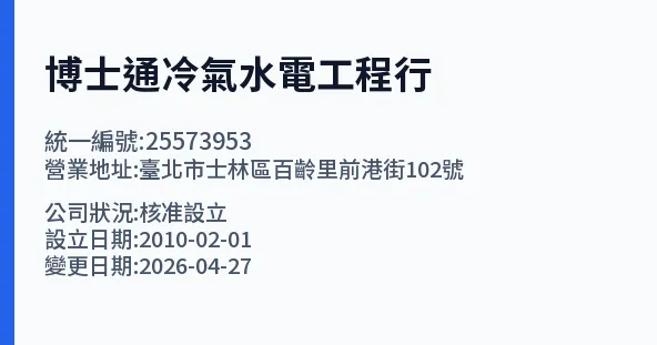 博士通冷氣水電工程行的照片-統編 25573953(臺北市) 公司登記資料與營業項目詳細圖表
