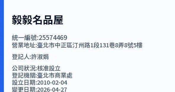 毅毅名品屋的照片-統編 25574469(臺北市) 公司登記資料與營業項目詳細圖表