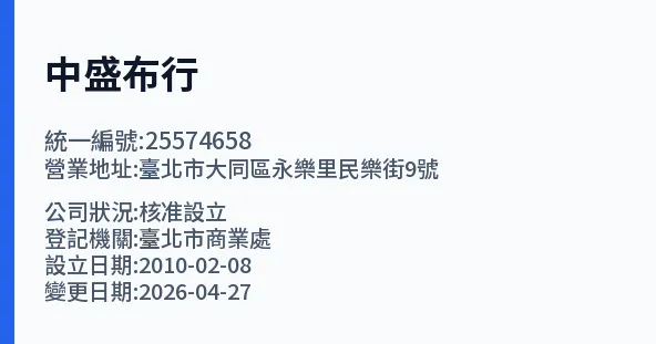 中盛布行的照片-統編 25574658(臺北市) 公司登記資料與營業項目詳細圖表