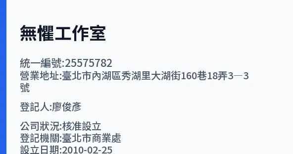 無懼工作室的照片-統編 25575782(臺北市) 公司登記資料與營業項目詳細圖表
