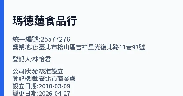 瑪德蓮食品行的照片-統編 25577276(臺北市) 公司登記資料與營業項目詳細圖表