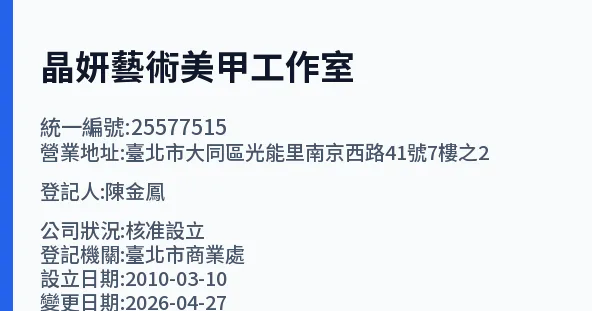 晶妍藝術美甲工作室的照片-統編 25577515(臺北市) 公司登記資料與營業項目詳細圖表