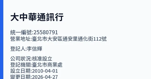 大中華通訊行的照片-統編 25580791(臺北市) 公司登記資料與營業項目詳細圖表
