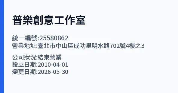 普樂創意工作室的照片-統編 25580862(臺北市) 公司登記資料與營業項目詳細圖表