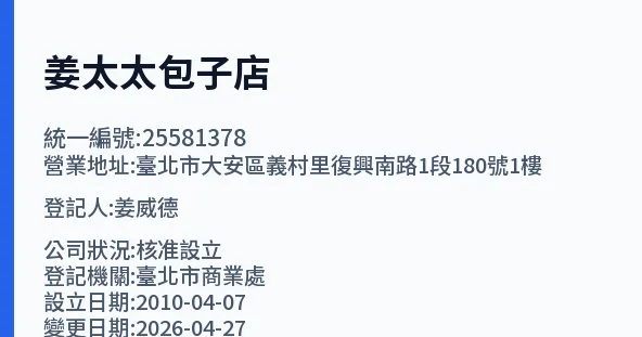 姜太太包子店的照片-統編 25581378(臺北市) 公司登記資料與營業項目詳細圖表