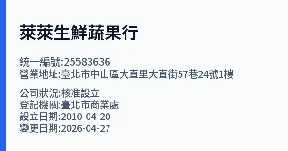 萊萊生鮮蔬果行的照片-統編 25583636(臺北市) 公司登記資料與營業項目詳細圖表