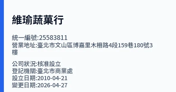 維瑜蔬菓行的照片-統編 25583811(臺北市) 公司登記資料與營業項目詳細圖表