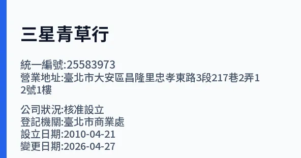 三星青草行的照片-統編 25583973(臺北市) 公司登記資料與營業項目詳細圖表