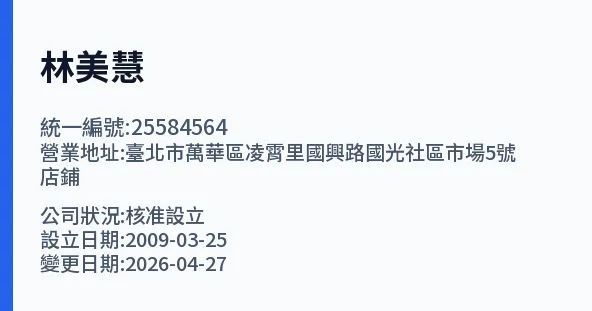 林美慧的照片-統編 25584564(臺北市) 公司登記資料與營業項目詳細圖表