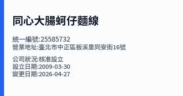 同心大腸蚵仔麵線的照片-統編 25585732(臺北市) 公司登記資料與營業項目詳細圖表