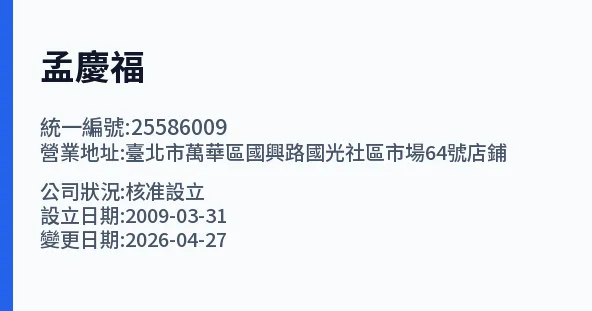 孟慶福的照片-統編 25586009(臺北市) 公司登記資料與營業項目詳細圖表